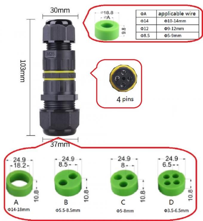Waterproof Cable Connectors IP68 4 Pins Output 2~4 Wires For Musical ...